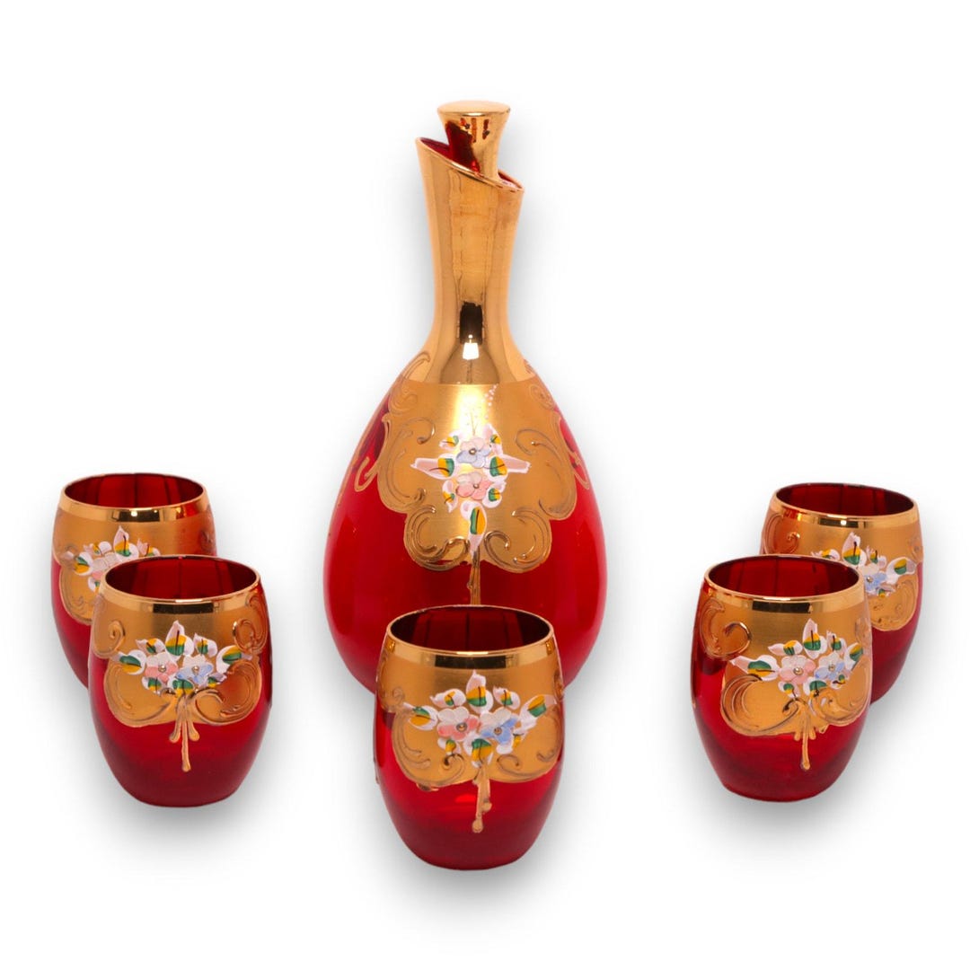 Murano 6pc Tre Fouchi Ruby Red Glass Gilded Painted 9 1/2" Decanter ...