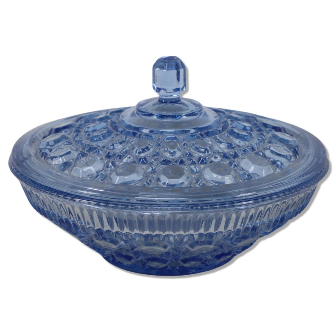 Indiana Glass Windsor Blue Lidded Candy Dish Button and Cane Pattern ...