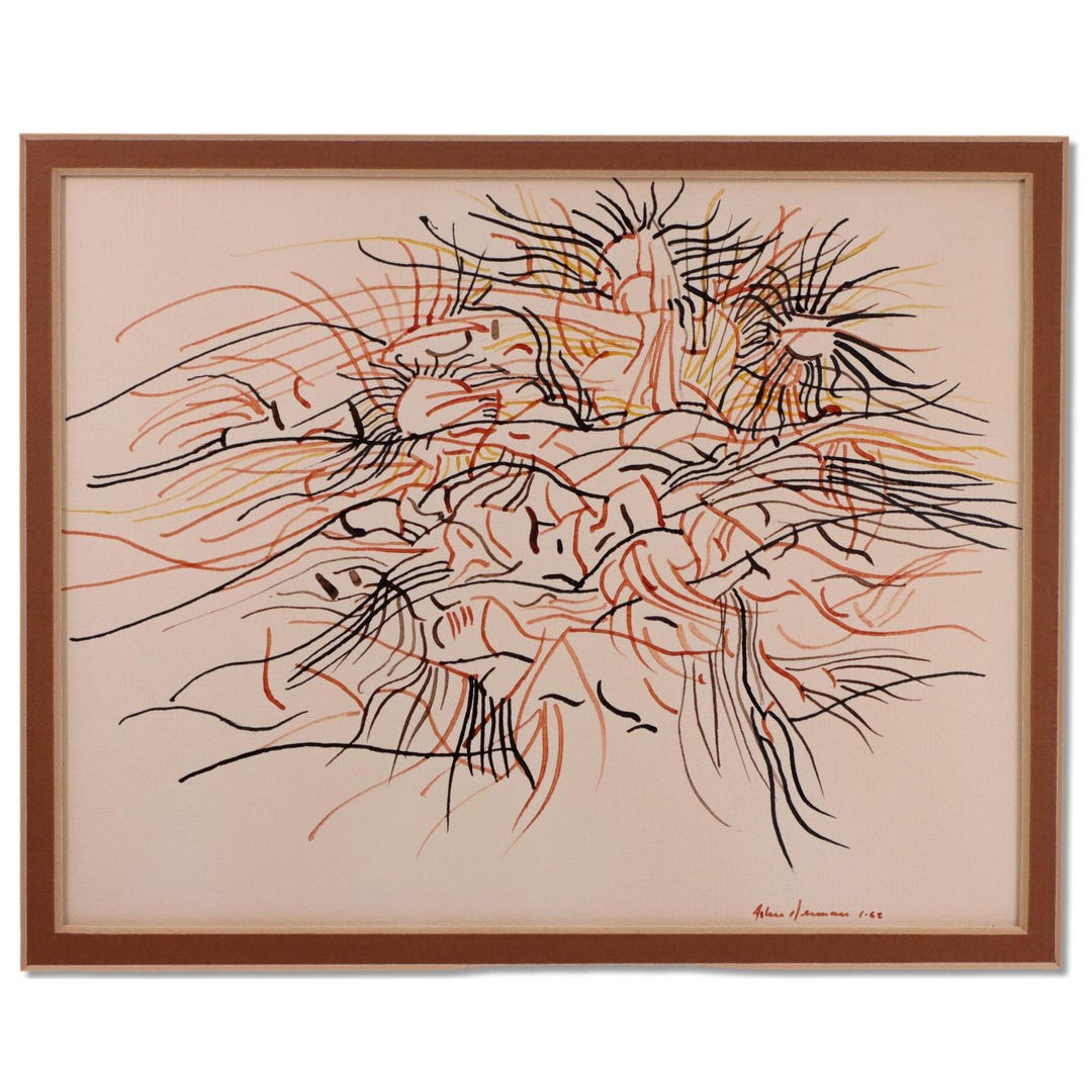 Expressionist Abstract Color Ink String Original Drawing Signed Framed ...