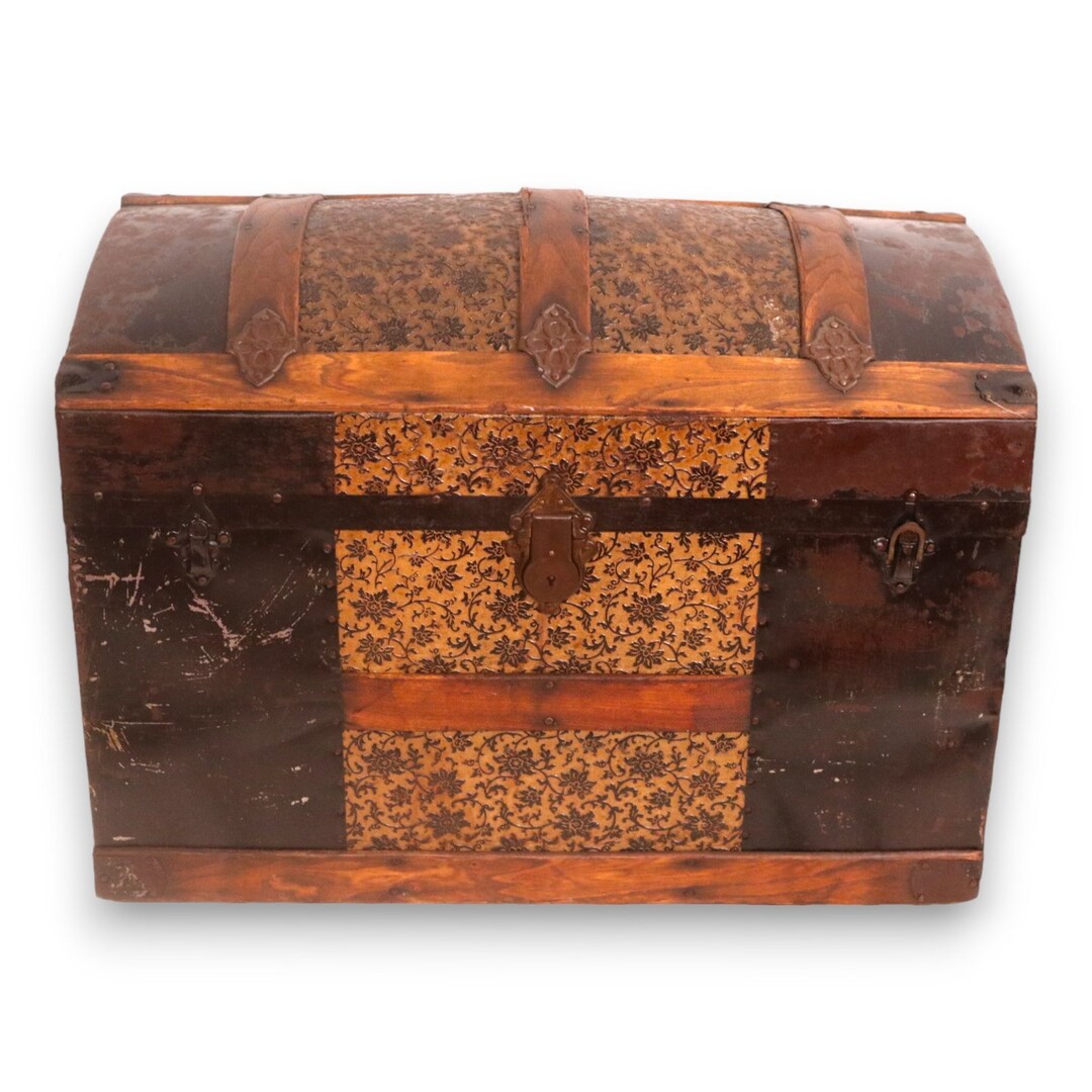 Curved Top Steamer Trunk Scroll Pattern Embossed Tin Panels Antique ...