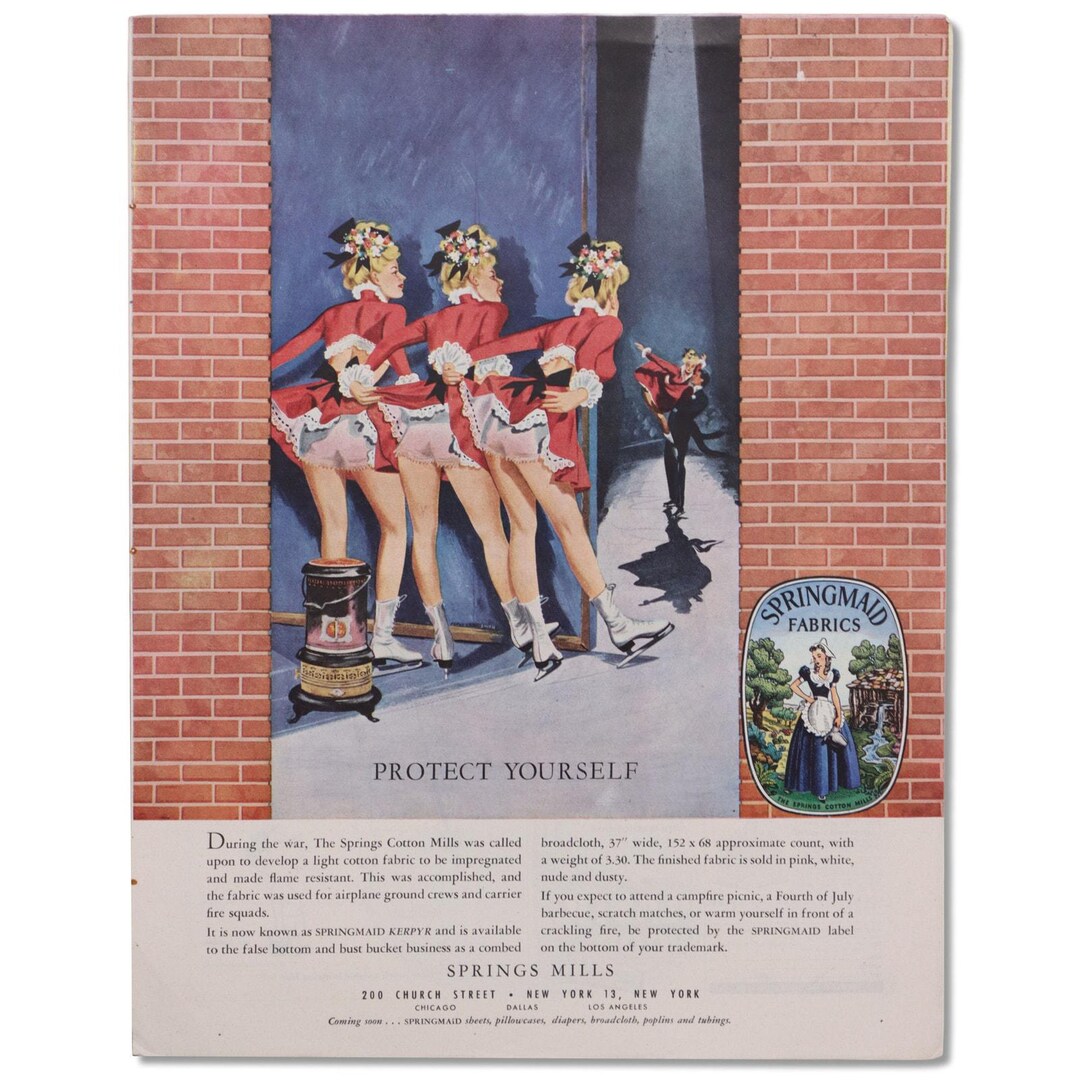 1948 Springmaid Fabrics Three Girls Warming Ice Skating Print Ad 11x14 ...