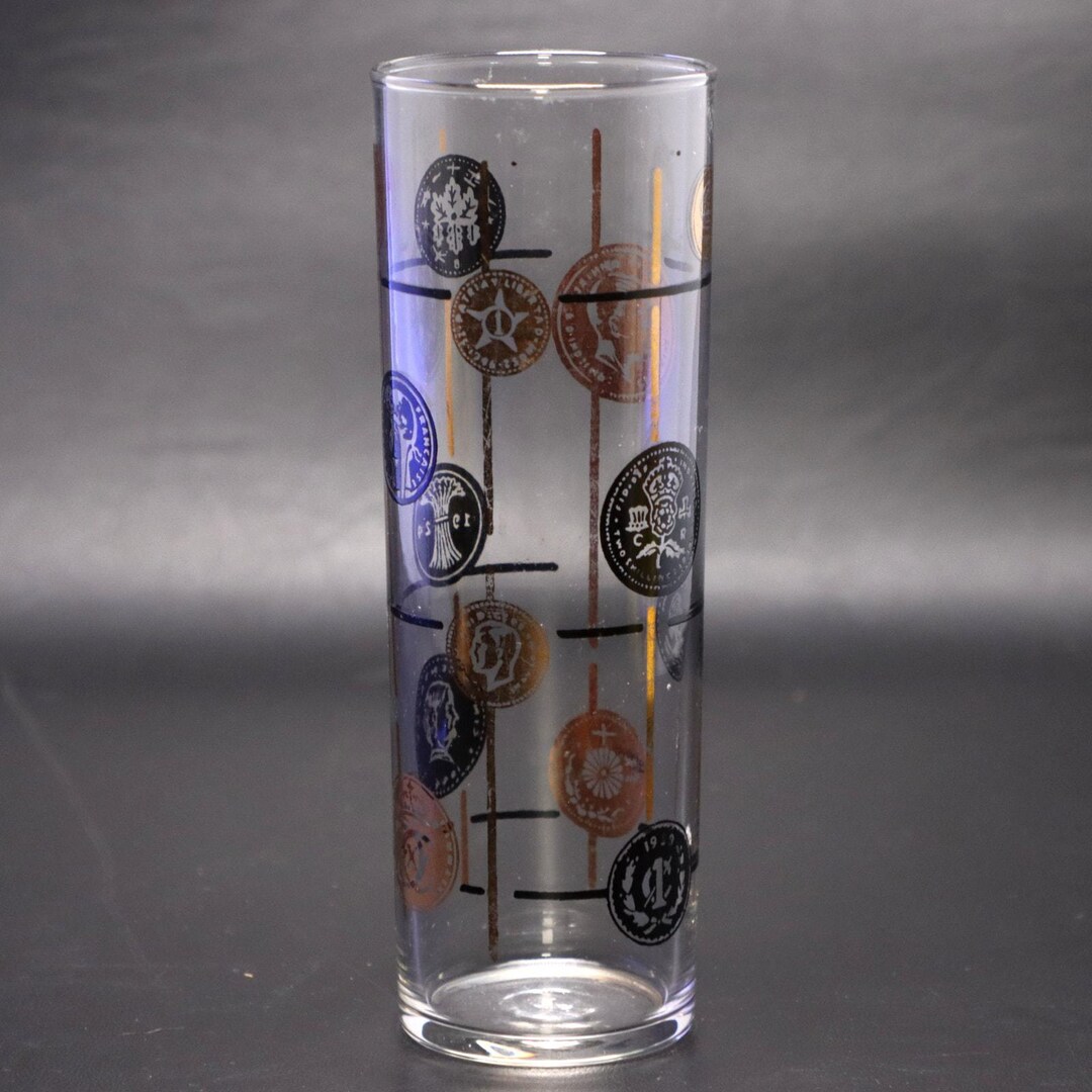 Libbey Glass Old Coins 7" Tom Collins Highball Tumbler MCM Vintage 1960 ...