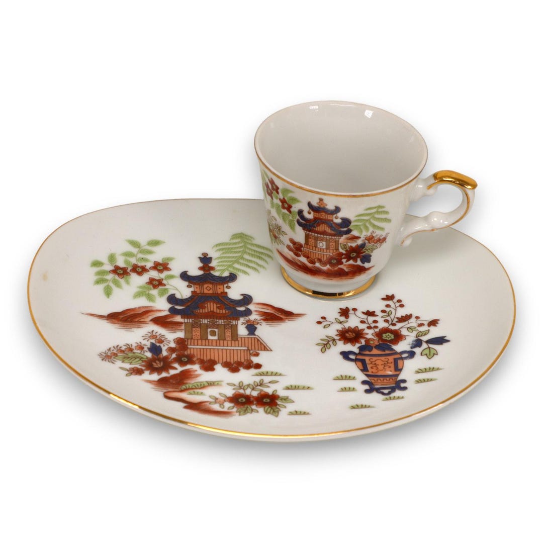 Japanese Oriental Luncheon Snack Plates and Tea Cup Set MCM Gold Rims ...