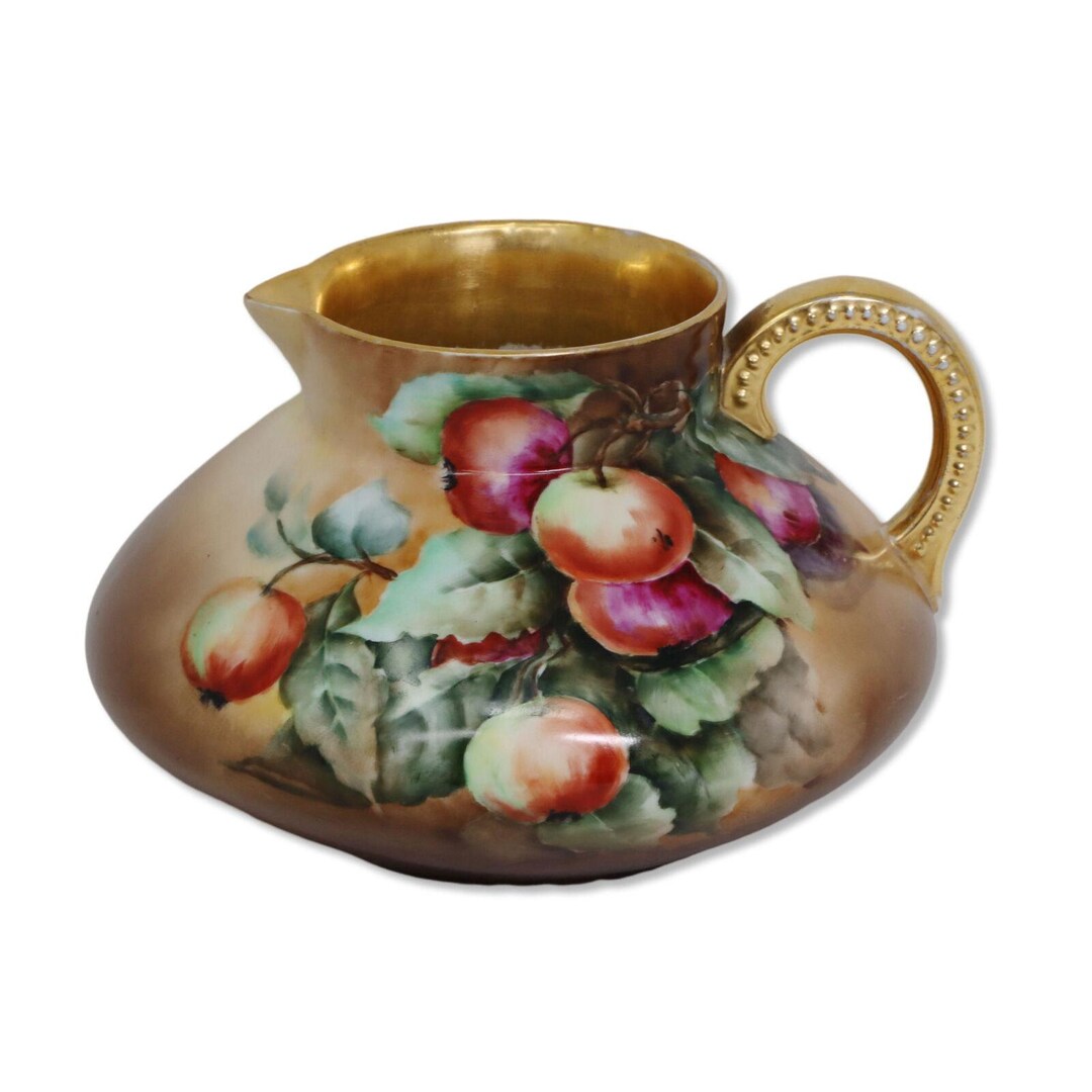 JPL Jean Pouyat Limoges France Squat Pitcher HP Apples Gold Circa 1900 ...
