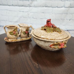 Handcrafted Cardinal and Holly Majolica Glazed Stoneware Set - Sugar ...