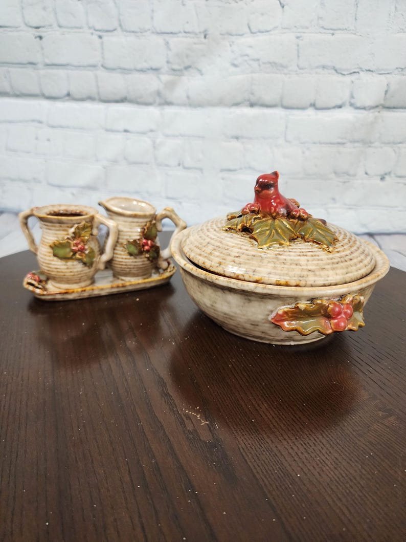 Handcrafted Cardinal and Holly Majolica Glazed Stoneware Set - Sugar ...