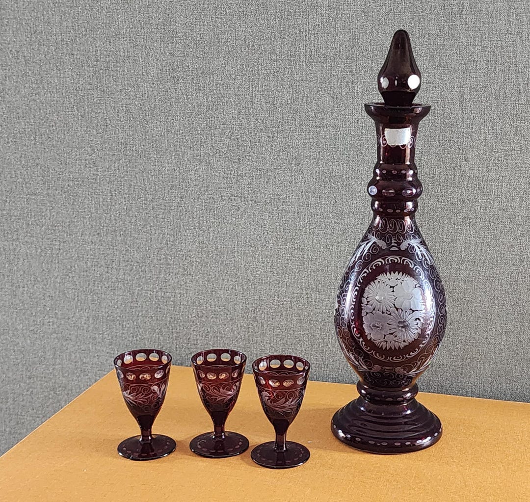 Vintage Ruby Red Cut Crystal Decanter Set | Bohemian Barware - Etsy