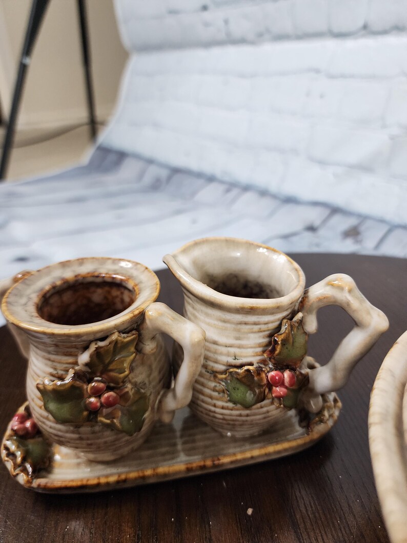 Handcrafted Cardinal and Holly Majolica Glazed Stoneware Set - Sugar ...