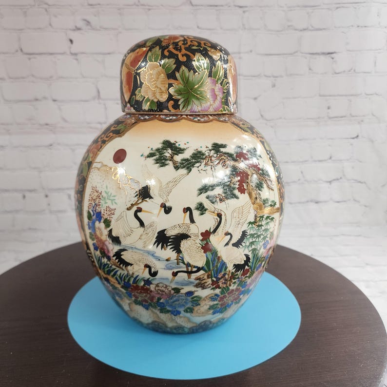 Large Royal Satsuma Ginger Jar | Hand-painted Cranes | 13” X 11” - Etsy