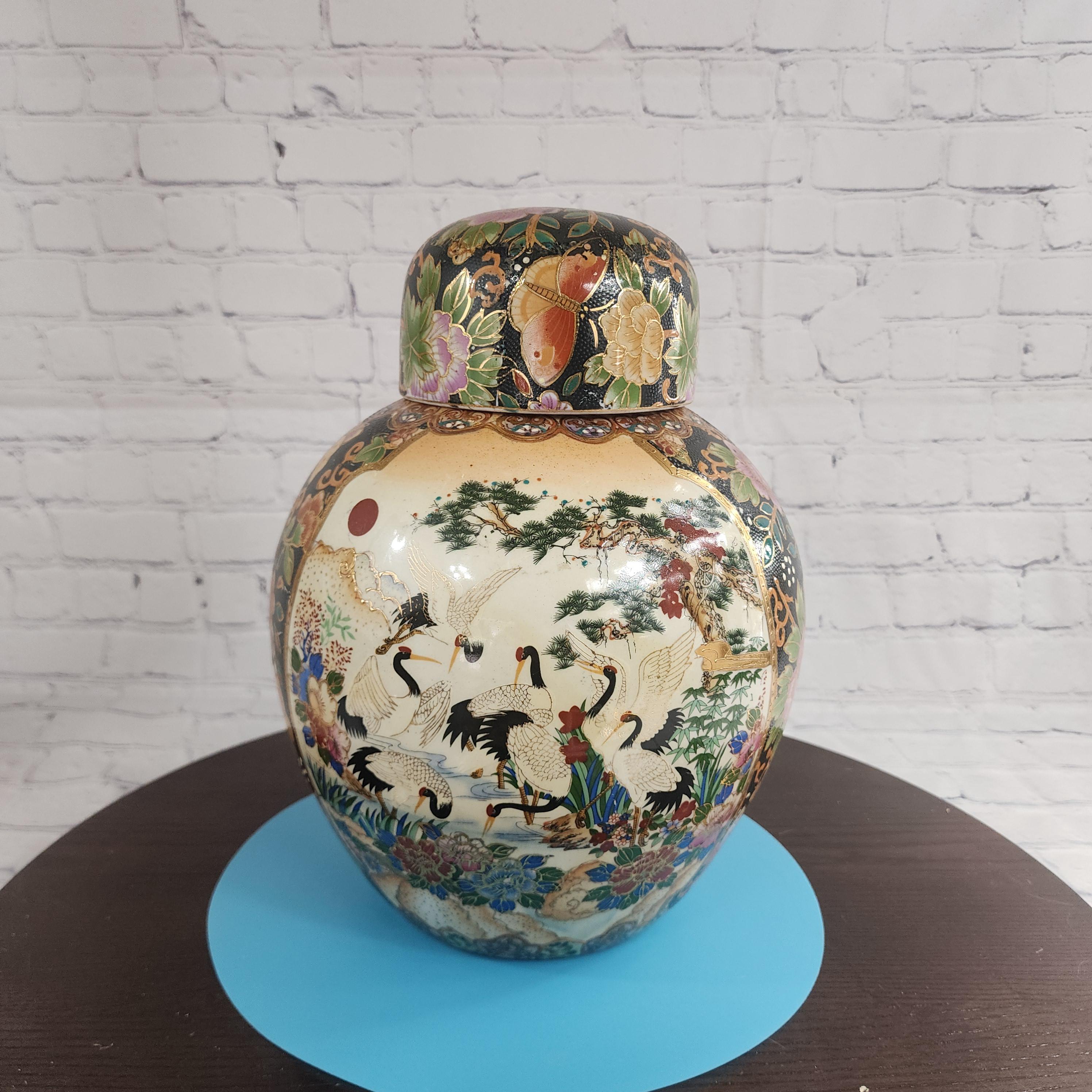 Large Royal Satsuma Ginger Jar | Hand-painted Cranes | 13” X 11” - Etsy