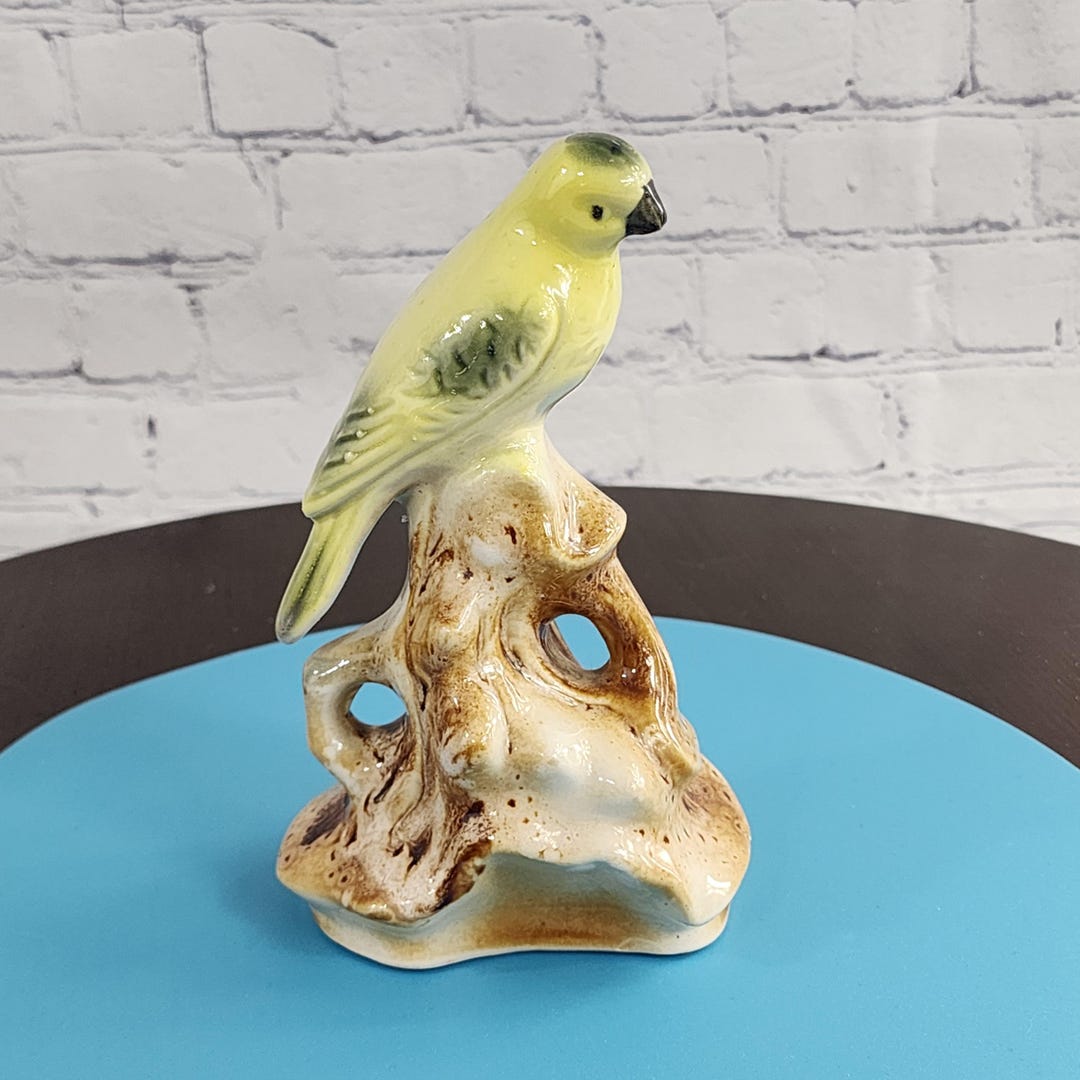 Vintage Yellow Parakeet on Driftwood | Ceramic Bird Figurine | 7” Tall ...