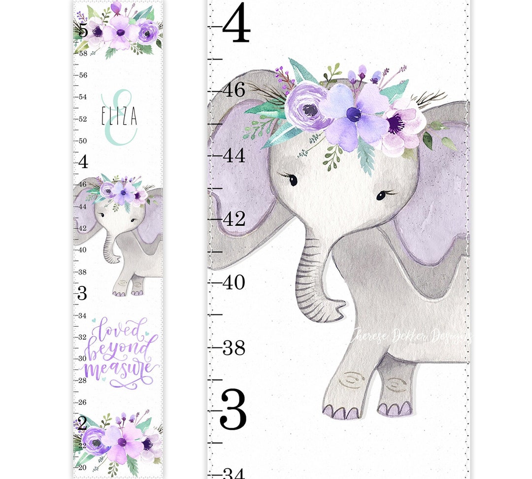 Elephant Growth Chart, Canvas Growth Chart, Purple Mint Floral, Boho ...