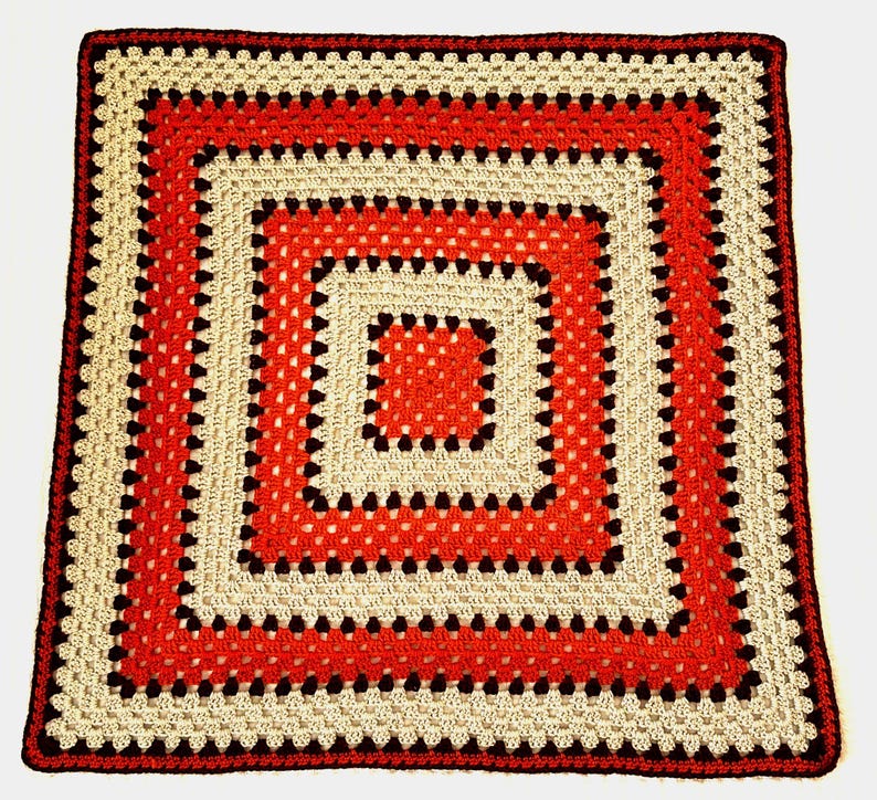 Brown Giant Granny Square Crochet Blanket, Vintage 70s Small Retro ...