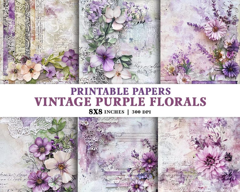 Purple Florals Printable Paper, Vintage Junk Journal Pages, Lavender ...