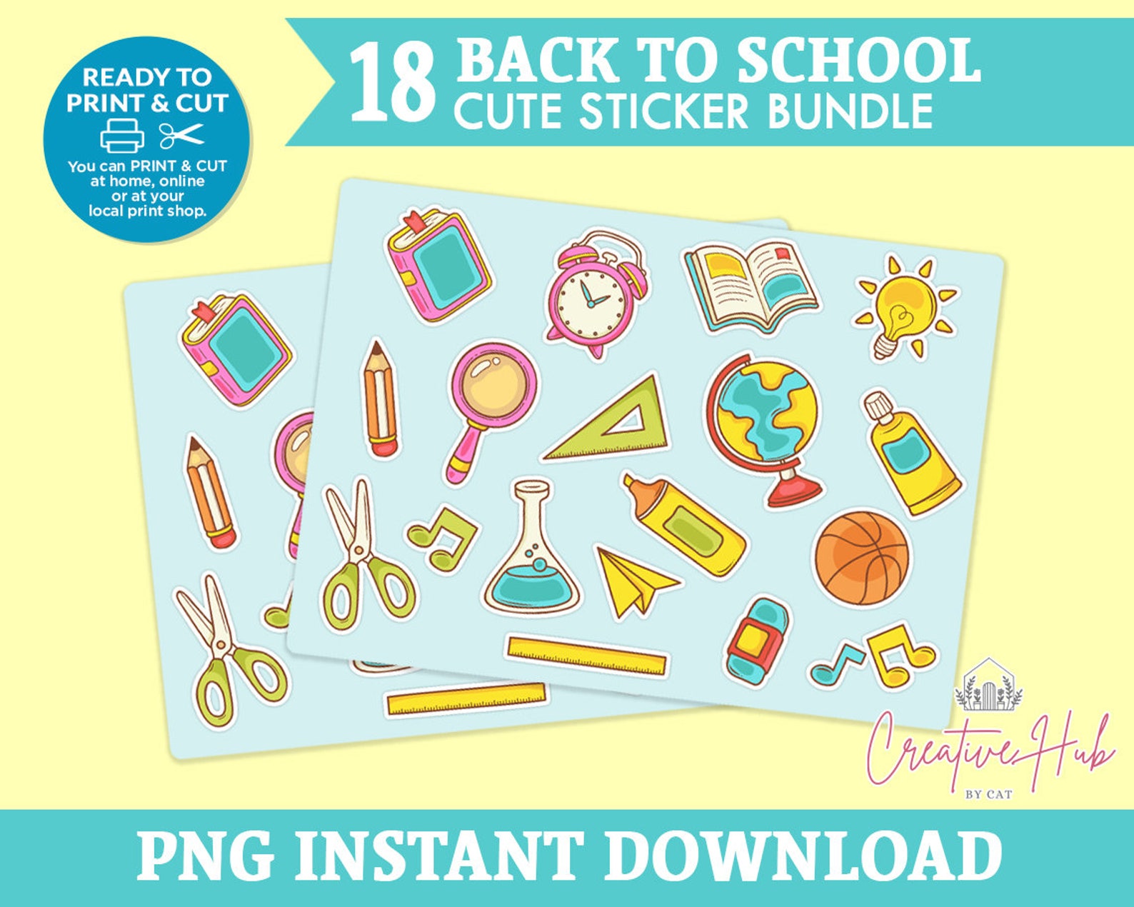 School Supplies Clipart Sticker Set, PNG Files, Ruler, Pencils, Cute ...