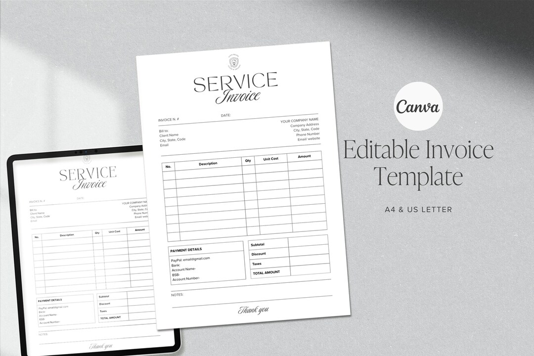 Minimalist Invoice Template Canva: Editable Small Business Form (A4/US ...