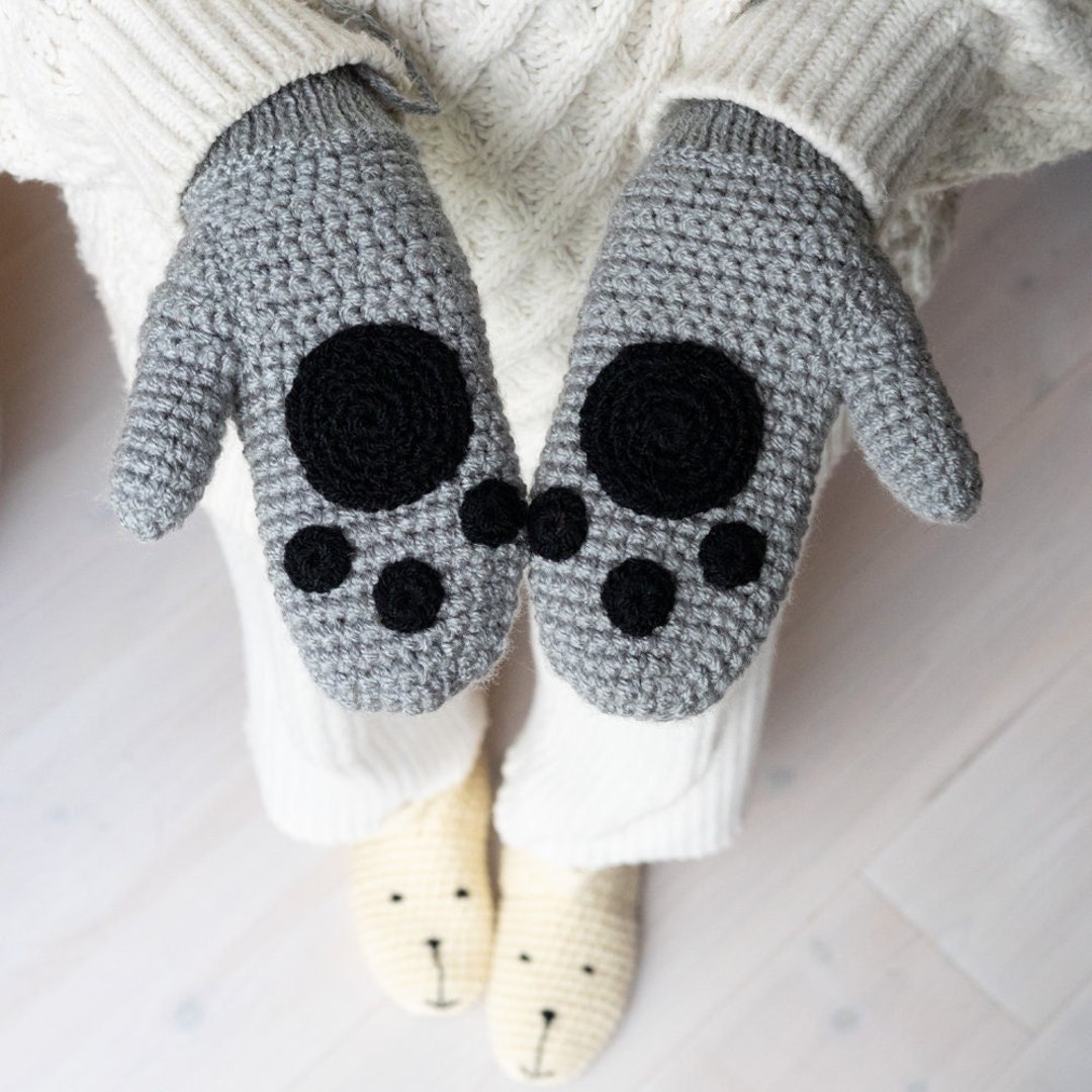 Kids Mittens on a String With Paw Prints, Grey, Gray, Wine Red, Cream ...
