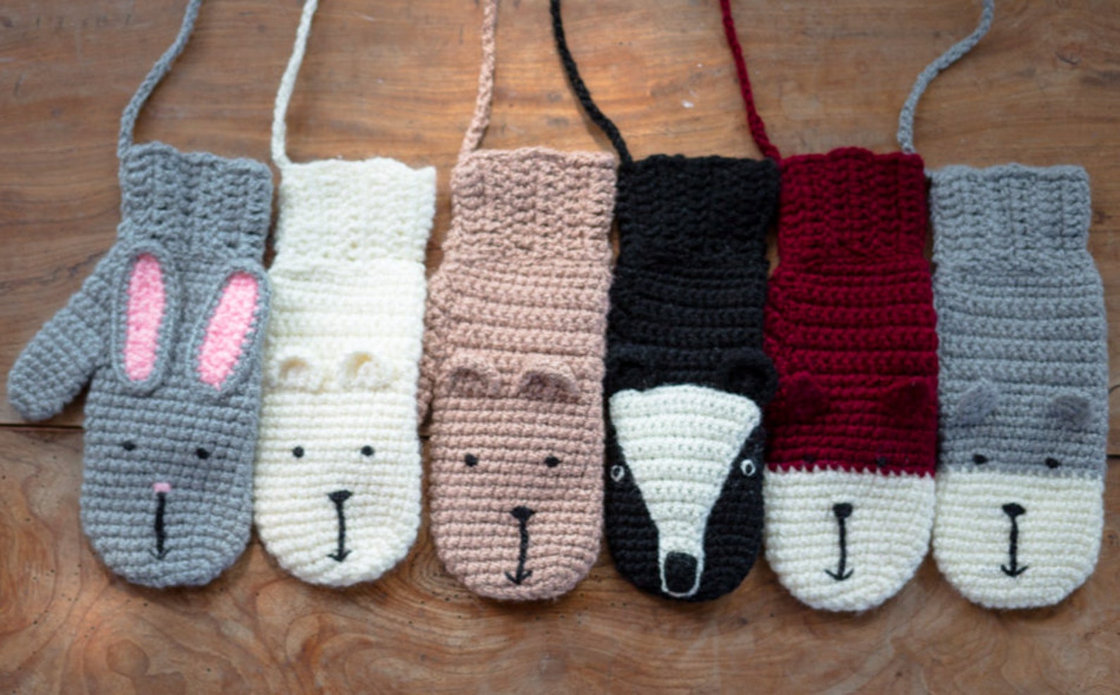 Adult Animal Mittens With String Fox, Rabbit, Wolf, Badger, Polar Bear ...