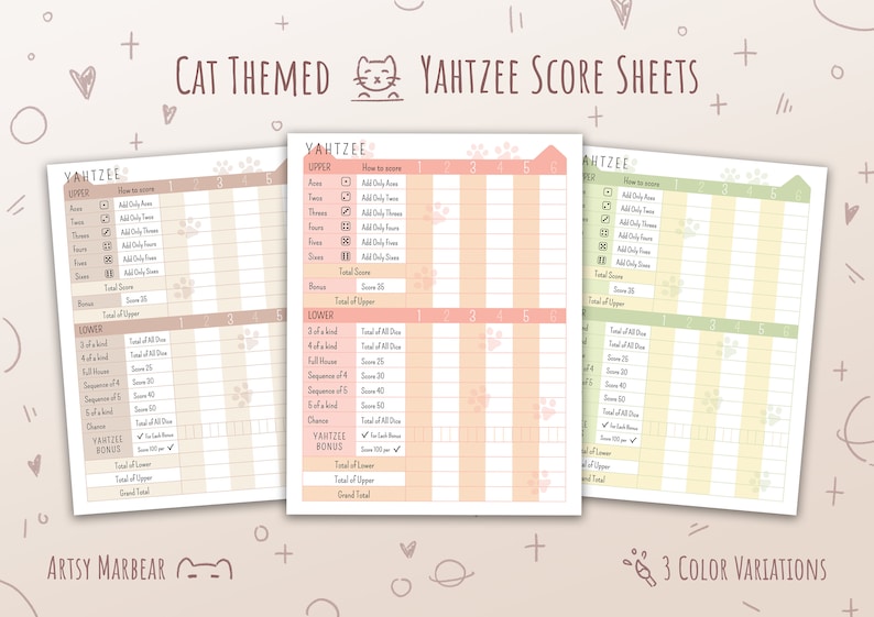 Cat Themed Yahtzee Score Sheets - Yahtzee Printable Score Cards ...