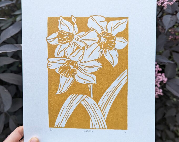 Daffodil Lino Print, Narcissus Print, Daffodils Art, Green Wall Art ...