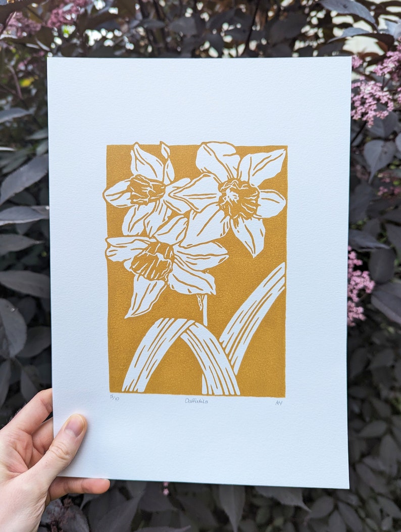 Daffodils Lino Print: Yellow Floral Botanical Art (A4) - Etsy UK