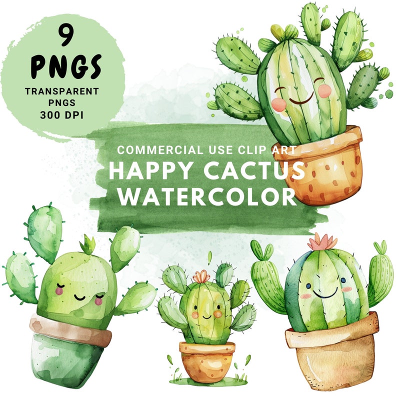 Happy Cactus Watercolor Clip Art Images 9 X Pngs in 300 DPI - Etsy