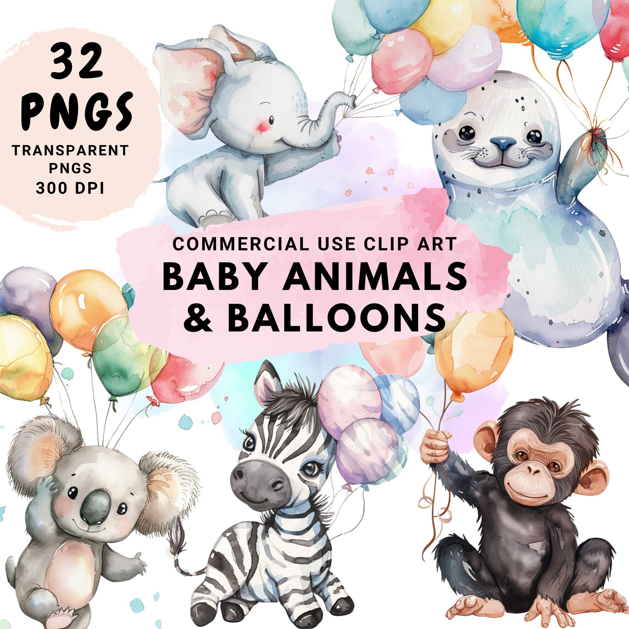 Cute Baby Animals & Balloons Watercolor Clip Art in 300 DPI. Get 32 ...