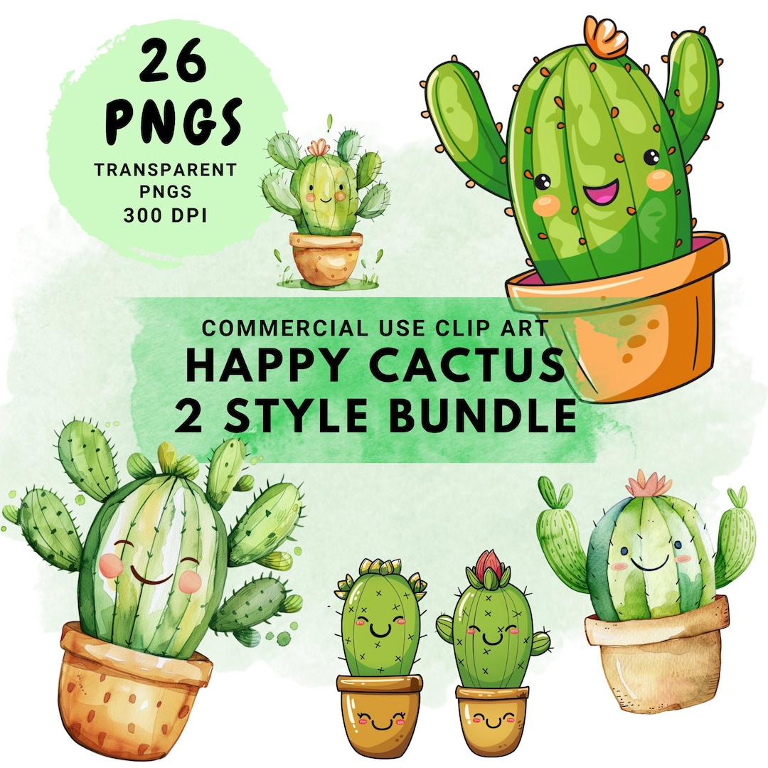 Happy Cactus Clipart Bundle of 26 PNG Images in 300 DPI With ...