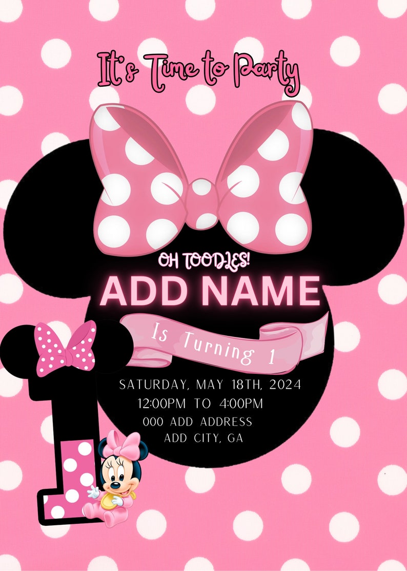 Minnie Mouse Pink Head With Bow Invitation Invite Card - Etsy
