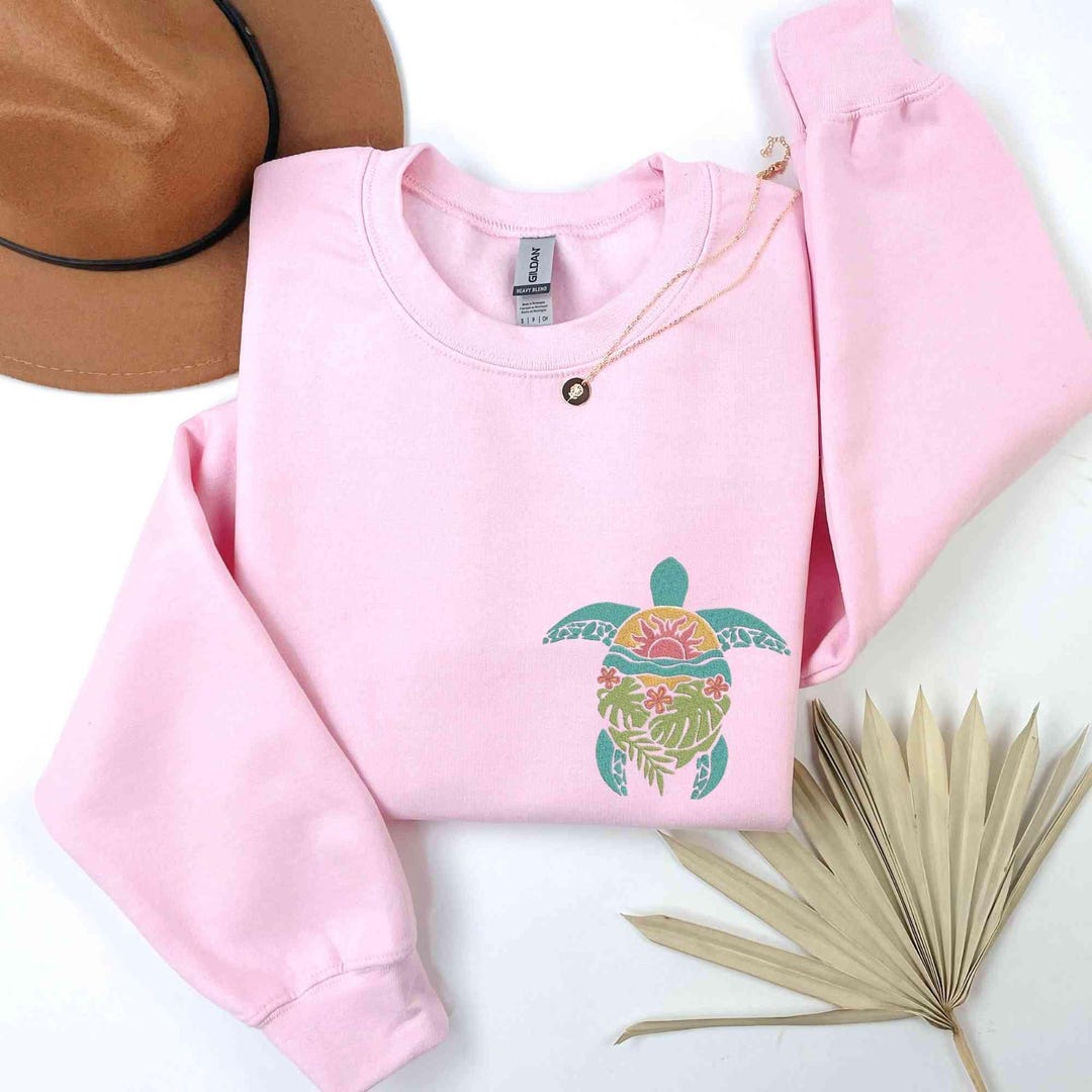 Sea Turtle Embroidered Sweatshirt – Ocean Sunset Landscape Embroidery ...