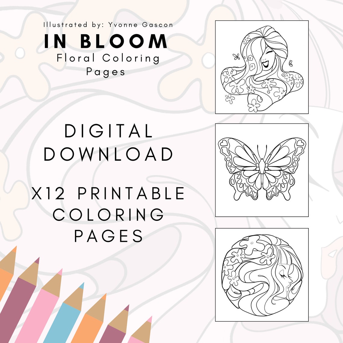 Digital Coloring Book Pages: in Bloom Floral-themed Hand-drawn ...