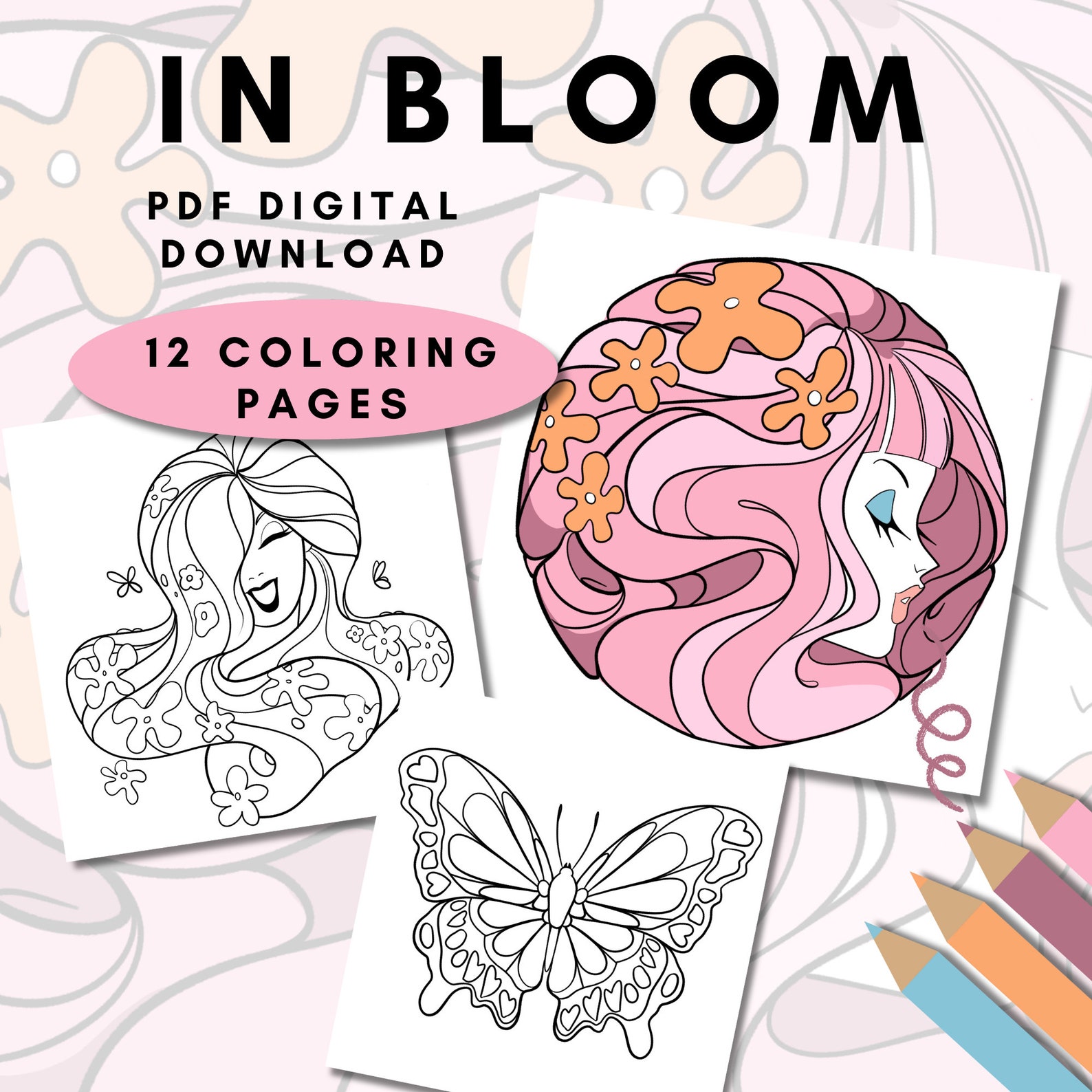 Digital Coloring Book Pages: in Bloom - Floral-themed Hand-drawn ...