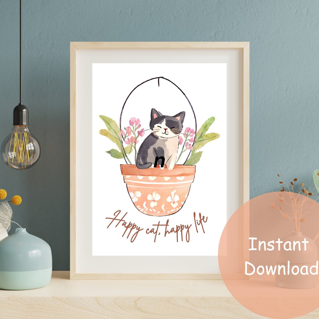 DIGITAL DOWNLOAD Happy Cat Art | Printable Design | Boho Decor| Cat and ...
