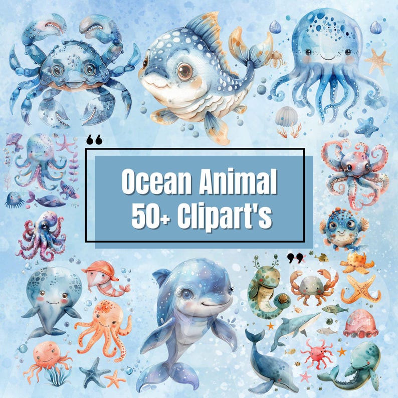 Ocean Animals Clipart, Watercolor Under the Sea Clipart, Baby Shower ...