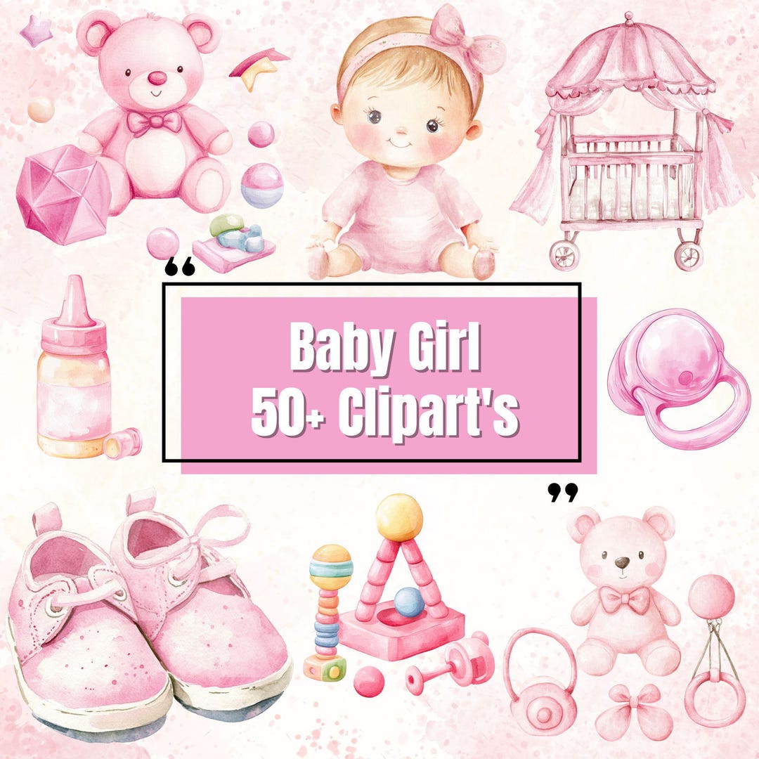 Baby Girl Clipart Bundle, Girl Babyshower Clipart Set, Pink Baby Shower ...