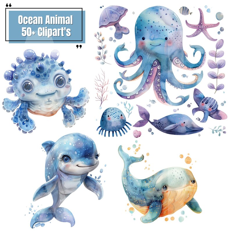 Ocean Animals Clipart, Watercolor Under the Sea Clipart, Baby Shower ...