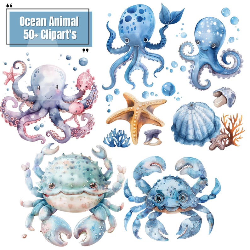 Ocean Animals Clipart, Watercolor Under the Sea Clipart, Baby Shower ...