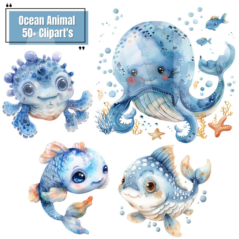 Ocean Animals Clipart, Watercolor Under the Sea Clipart, Baby Shower ...