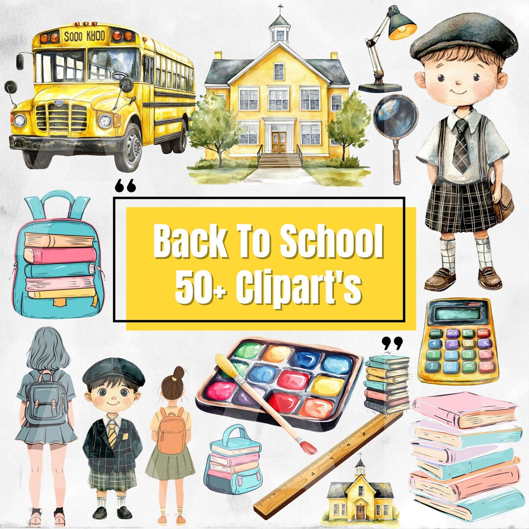 School Supplies Clipart Set, Retro School PNG, School Clipart Set ...