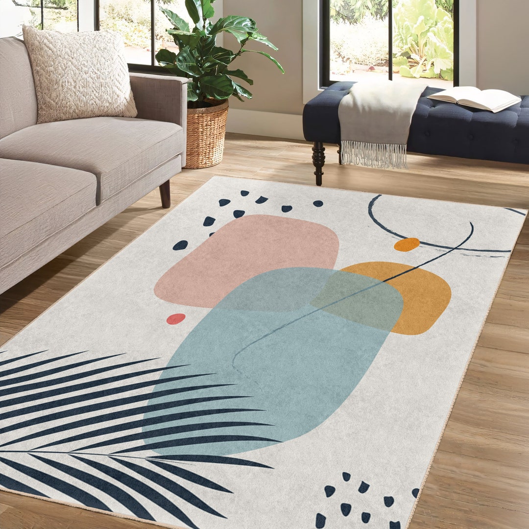 Abstract Boho Area Rug Drawings Palm Leaves Navy Blue Oddly Bohemian ...