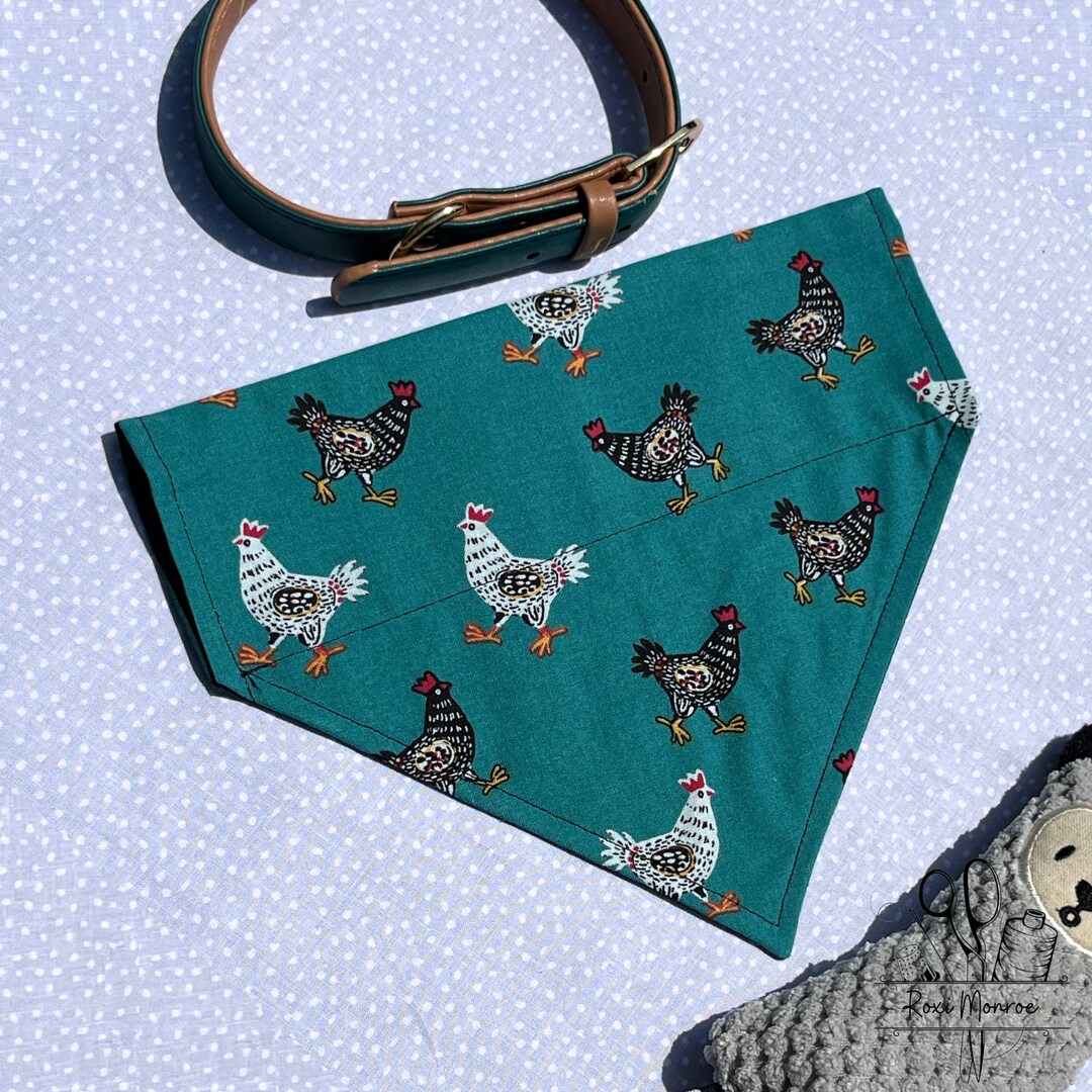 Sassy Chickens Dog Bandana, Over the Collar, Dark Teal, Cute Handmade ...