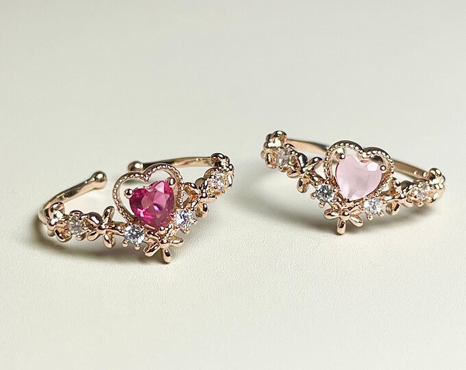 Pink and Red Heart With Flowers Diamonds Ring Rose Gold, Gemstone Ring ...