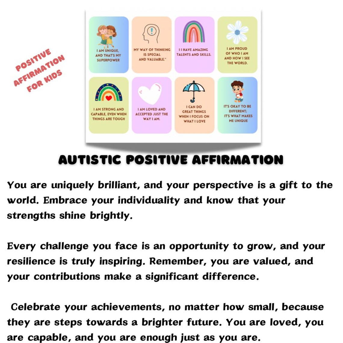 Autism Positive Affirmations for Kid Poems Card Motivation Card Empower ...