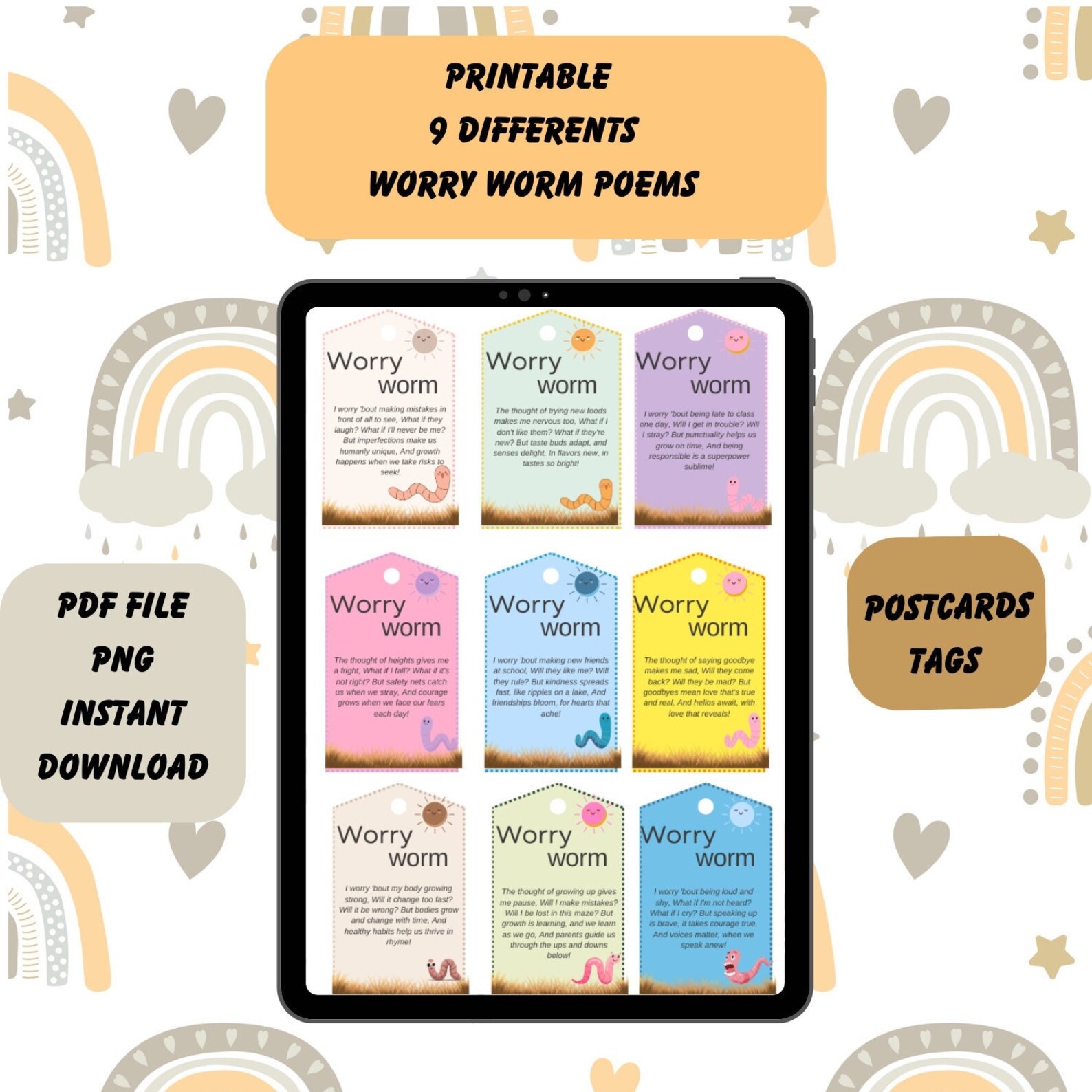 Colorful Worry Worm Poem Postcard Set 9 Different Tags Stationery Set ...