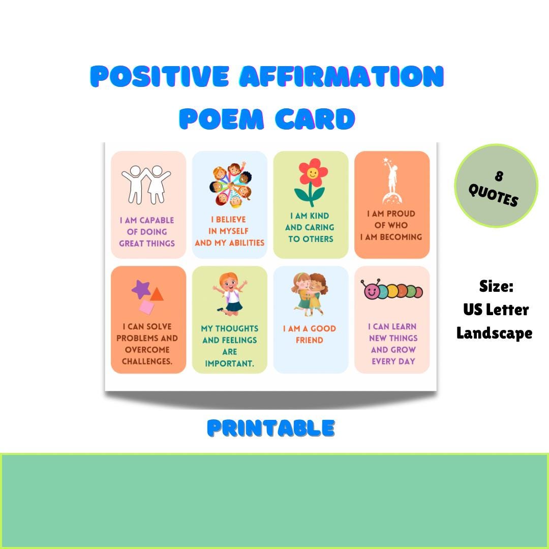 Printable Positive Affirmations for Kids Poems Card Motivation Card ...