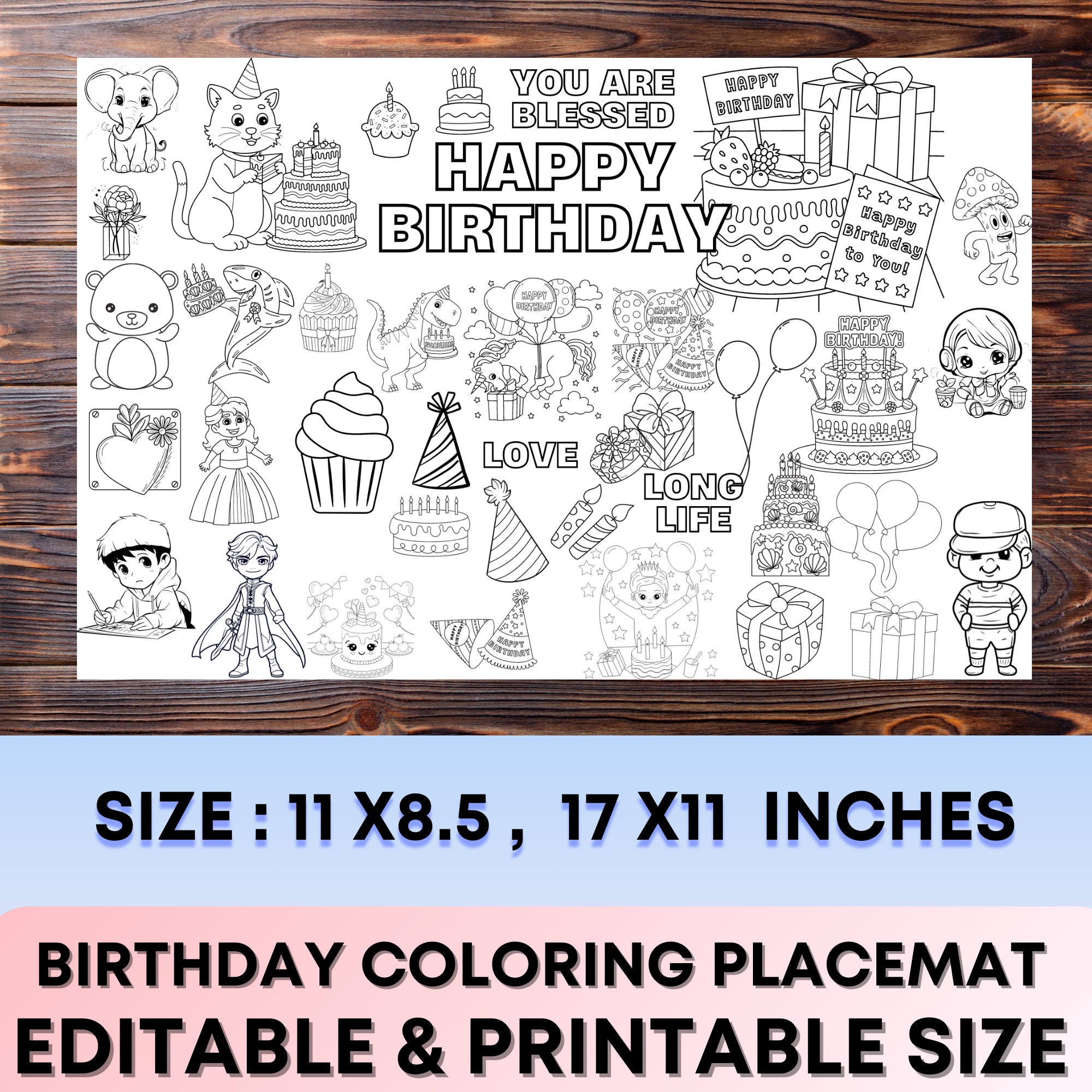 Editable Birthday Coloring Placemat Set,kids Activity Mats,party Table ...