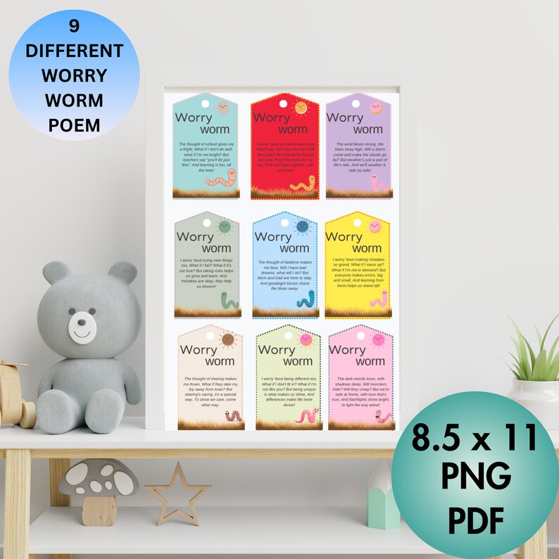 Worry Worm Poem Postcard Tag Set Positive Affirmations Set of 9 English ...