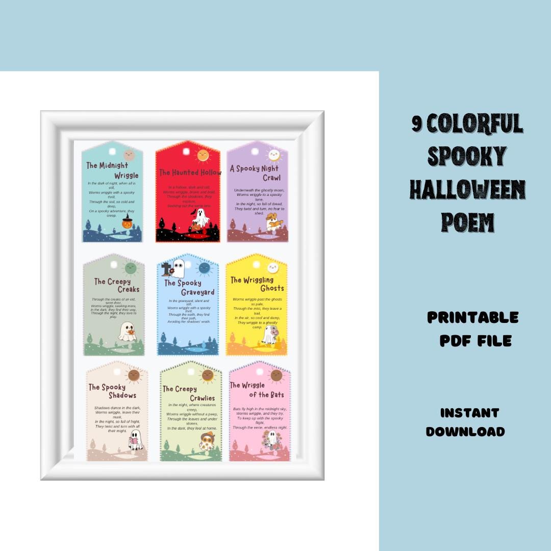 9 Colorful Spooky Halloween Poem Postcard Tag Set, Different Designs ...