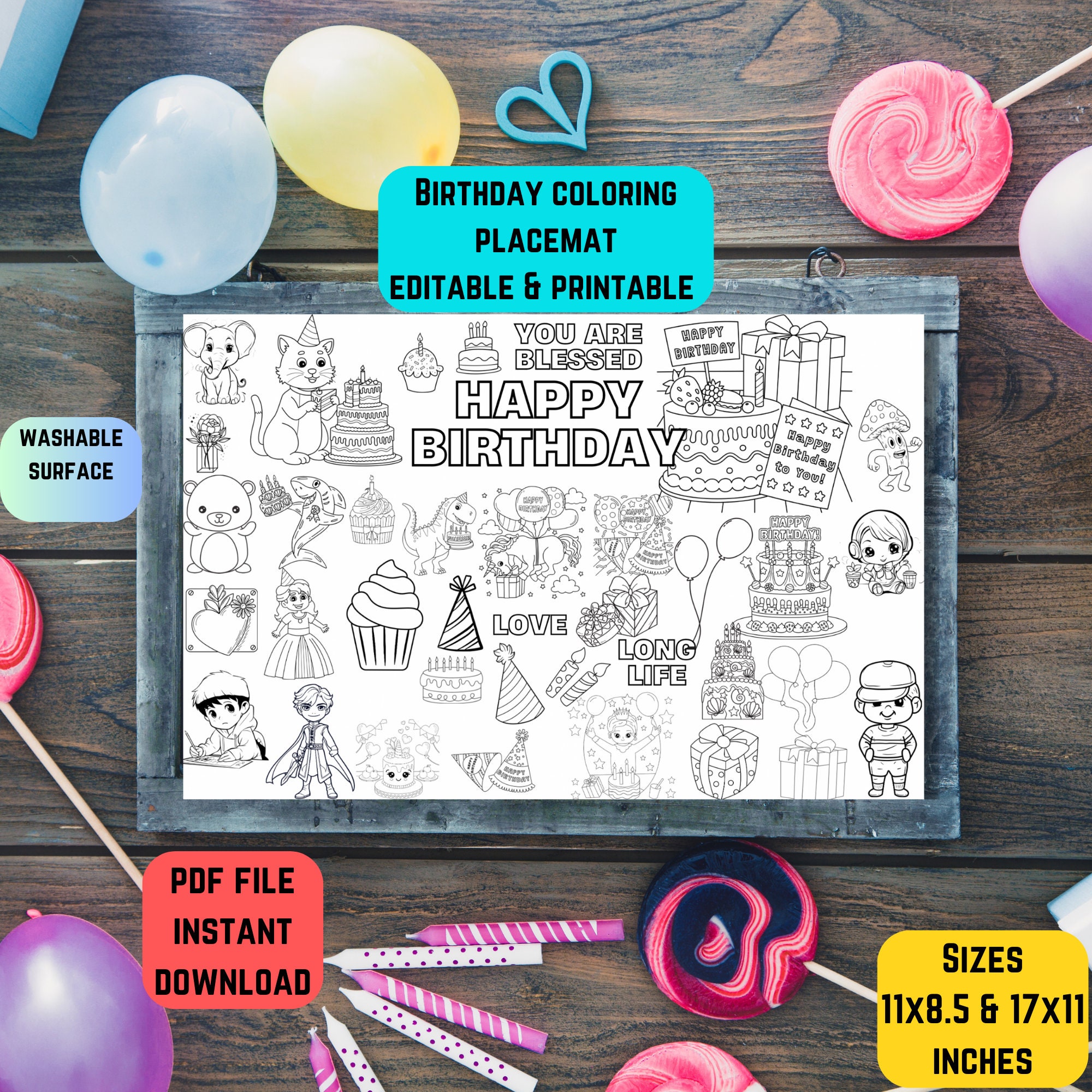 Editable Birthday Coloring Placemat Set,kids Activity Mats,party Table ...
