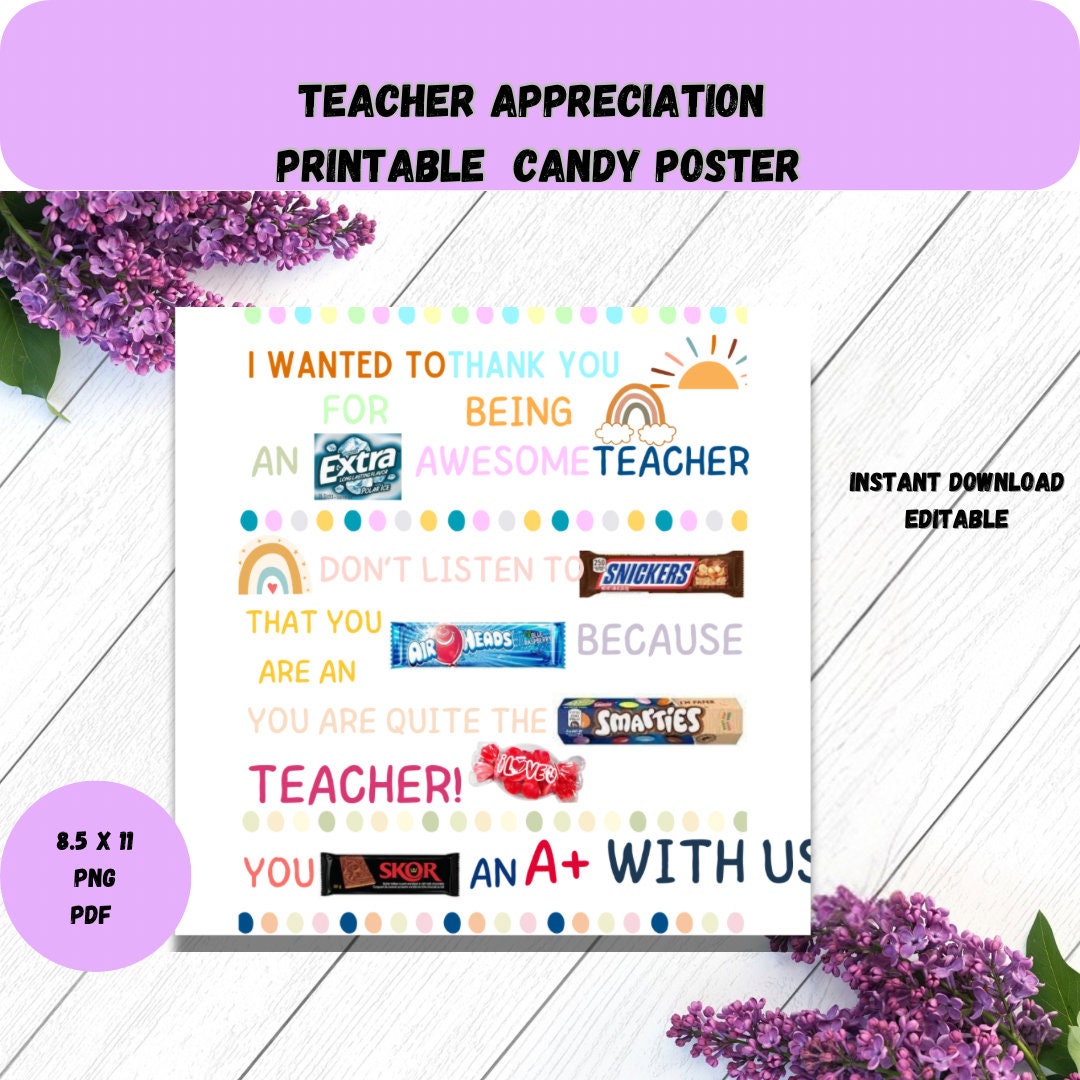 Teacher Appreciation Candy Poster, Gift for Teachers, Classroom Decor ...
